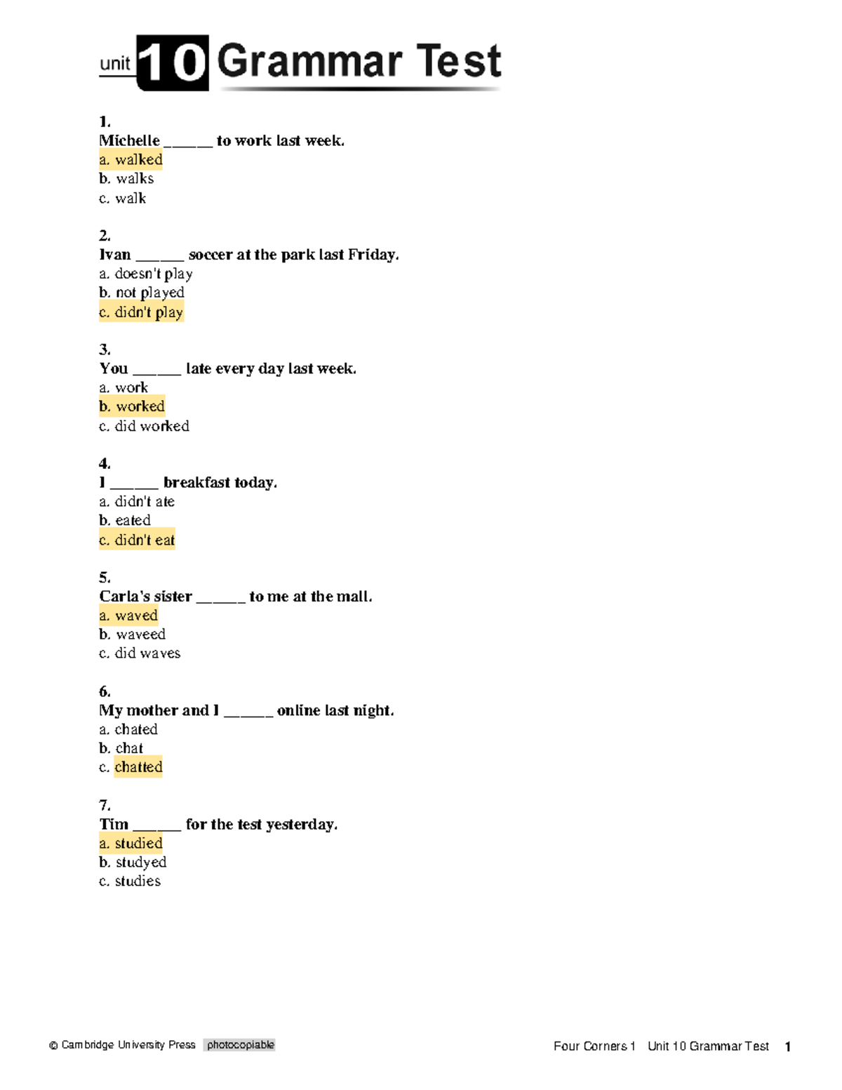 Level 1 Unit 10 Grammar Test - Four Corners - Studocu