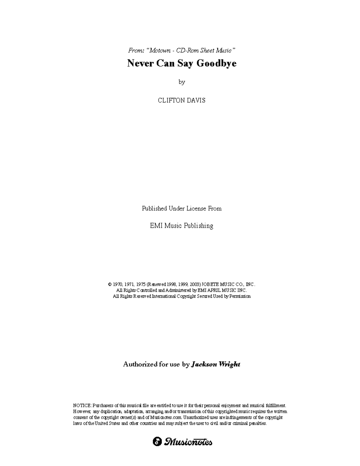 Never Can Say Goodbye - Sheet Music (CLIFTON DAVIS) - Studocu