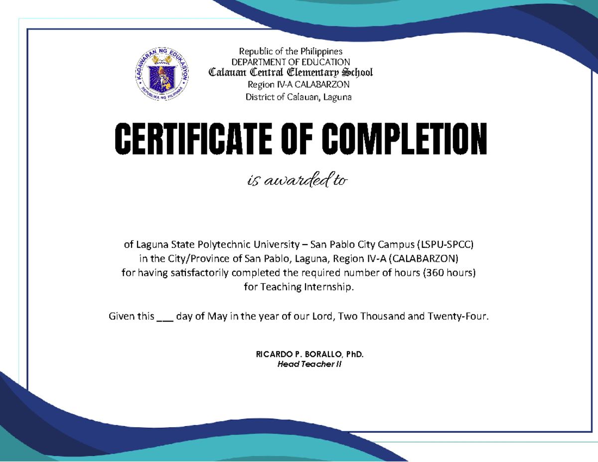 Teaching Internship 1 Certificate of Completion - LSPU-SPCC - Studocu