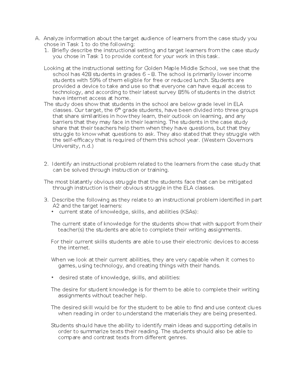 D291 Task 2 - Analyzing Target Learners for ELA Instruction Strategies ...