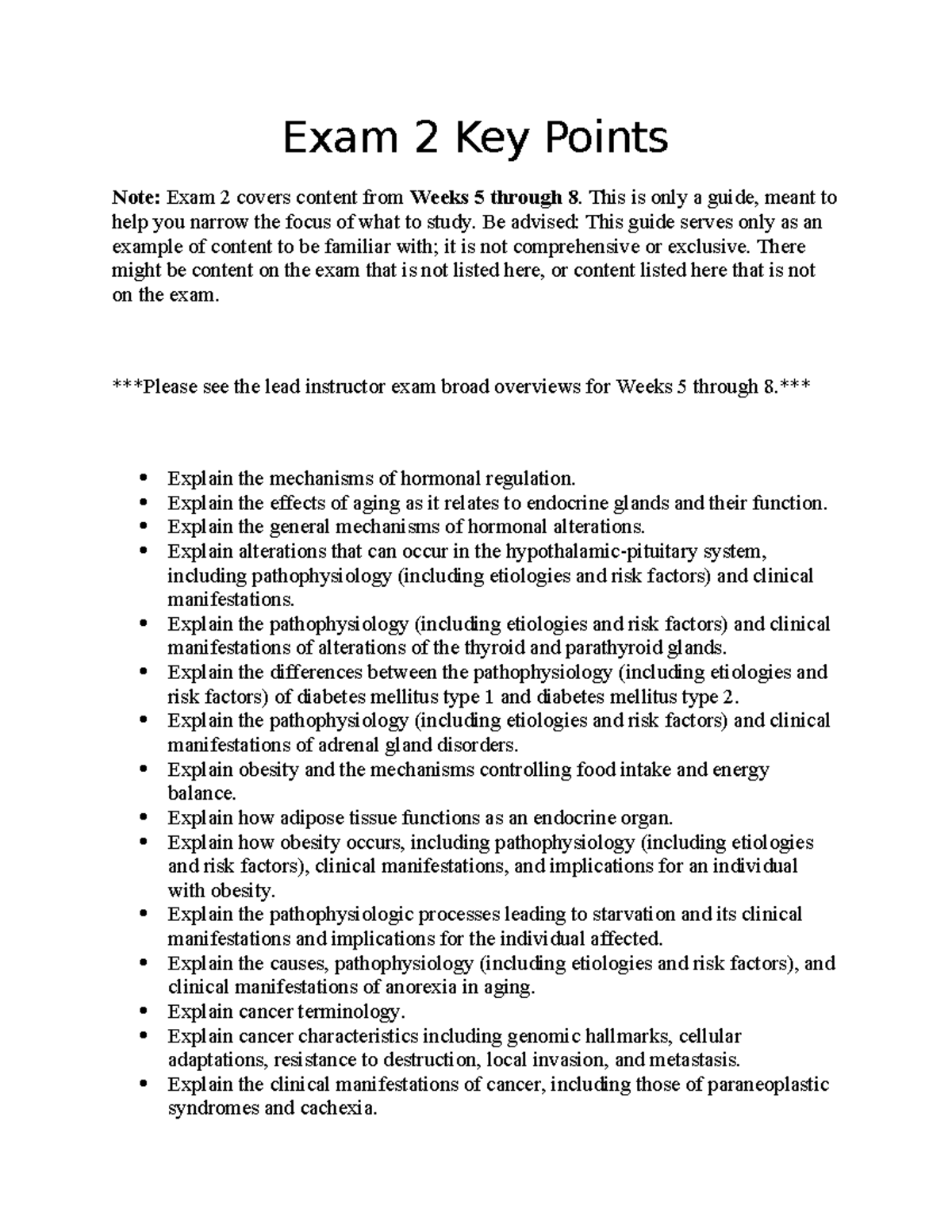 Exam 2 Key Points: Review Notes for Week 5-8 Content Study - Studocu