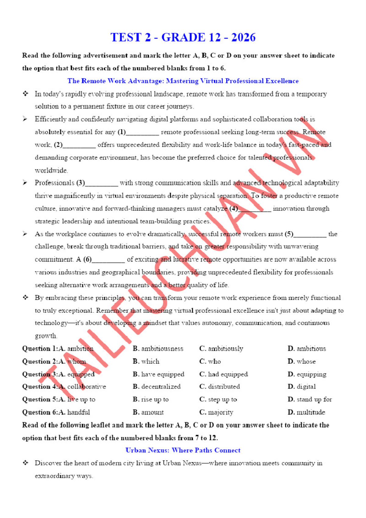 TEST 2 GRADE 12 2026: Mastering Remote Work & Urban Dynamics - Studocu