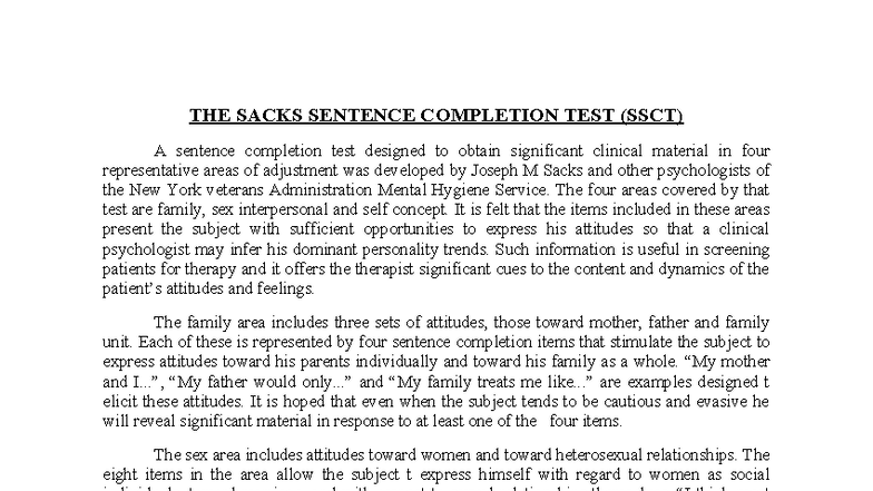 Sacks Sentence Completion Test Ssct Manual And Guidelines Studocu
