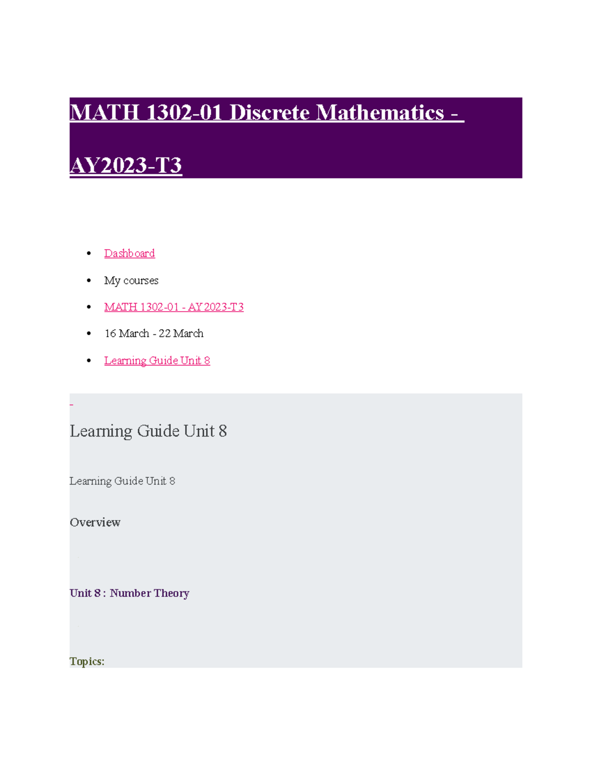 Learning Guide Unit 8: Number Theory - MATH 1302 - Studocu