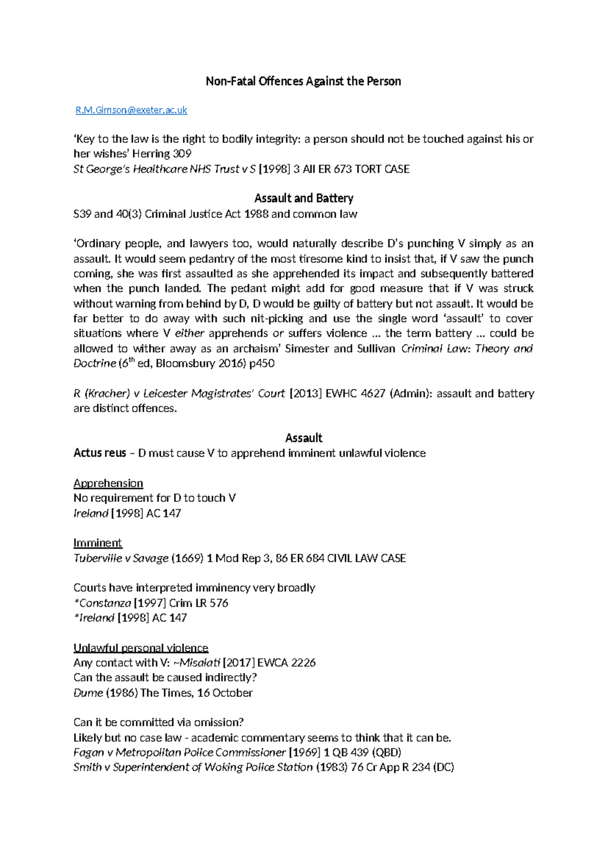 Non-Fatal Offences Against the Person: Key Legal Principles and Cases ...