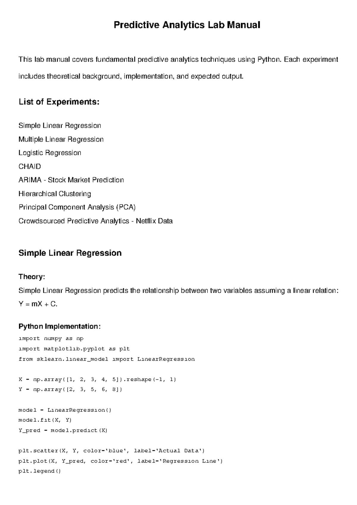 Predictive Analytics Lab Manual (Course Code: PALM) - Studocu