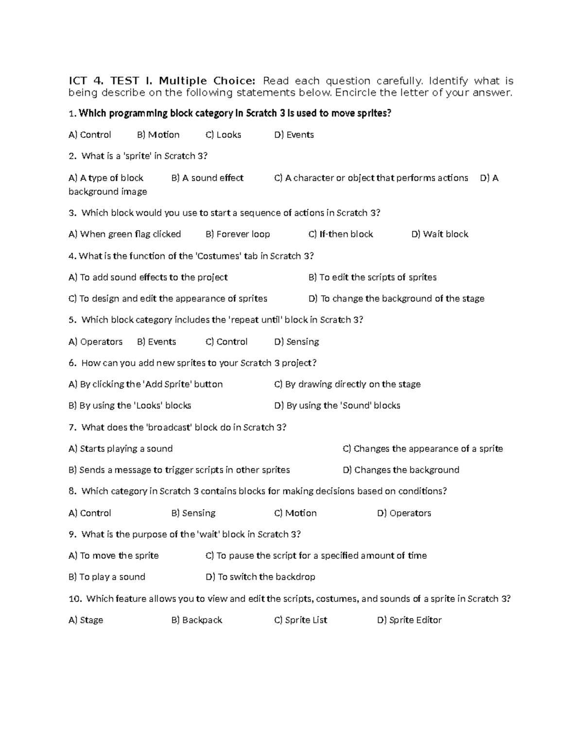 ICT 6 - Grade 6 Exam: Multiple Choice Questions on Scratch 3 - Studocu