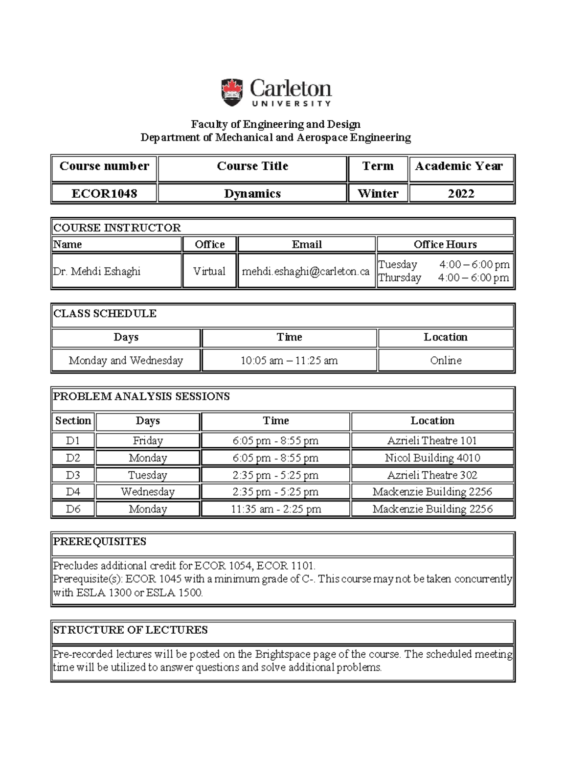 ECOR 1048 Dynamics Course Outline - Winter 2022 - Studocu