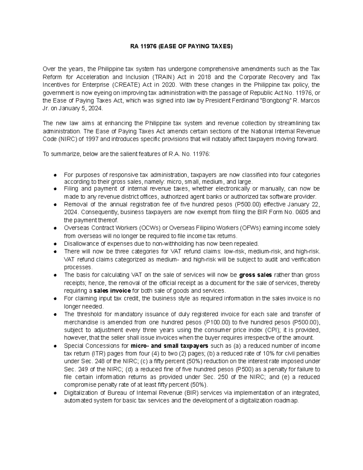 EOPT - Overview and Highlights of RA 11976: Ease of Paying Taxes - Studocu