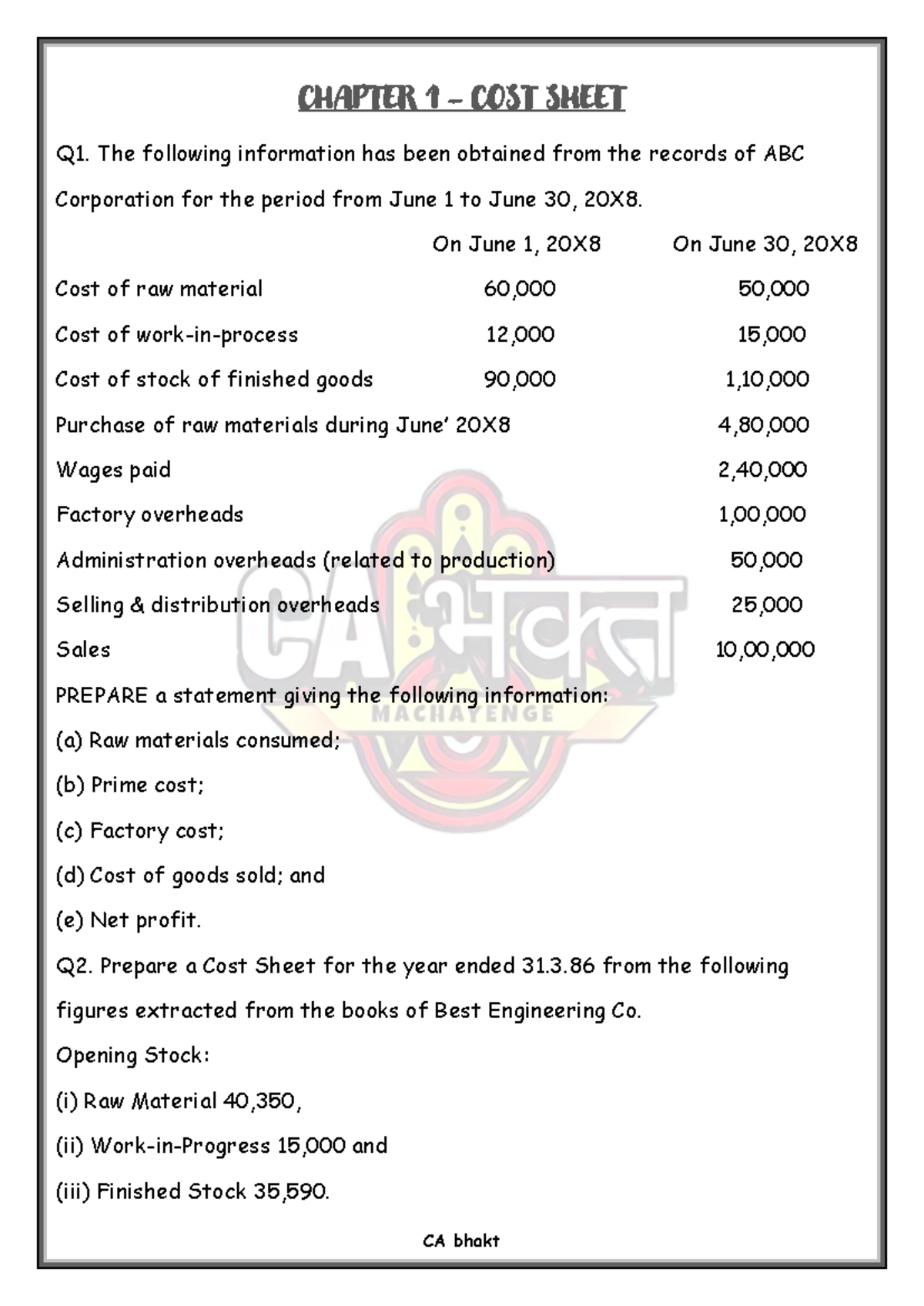 COST Sheet Questions and Answers for ACC 101 Course - Studocu