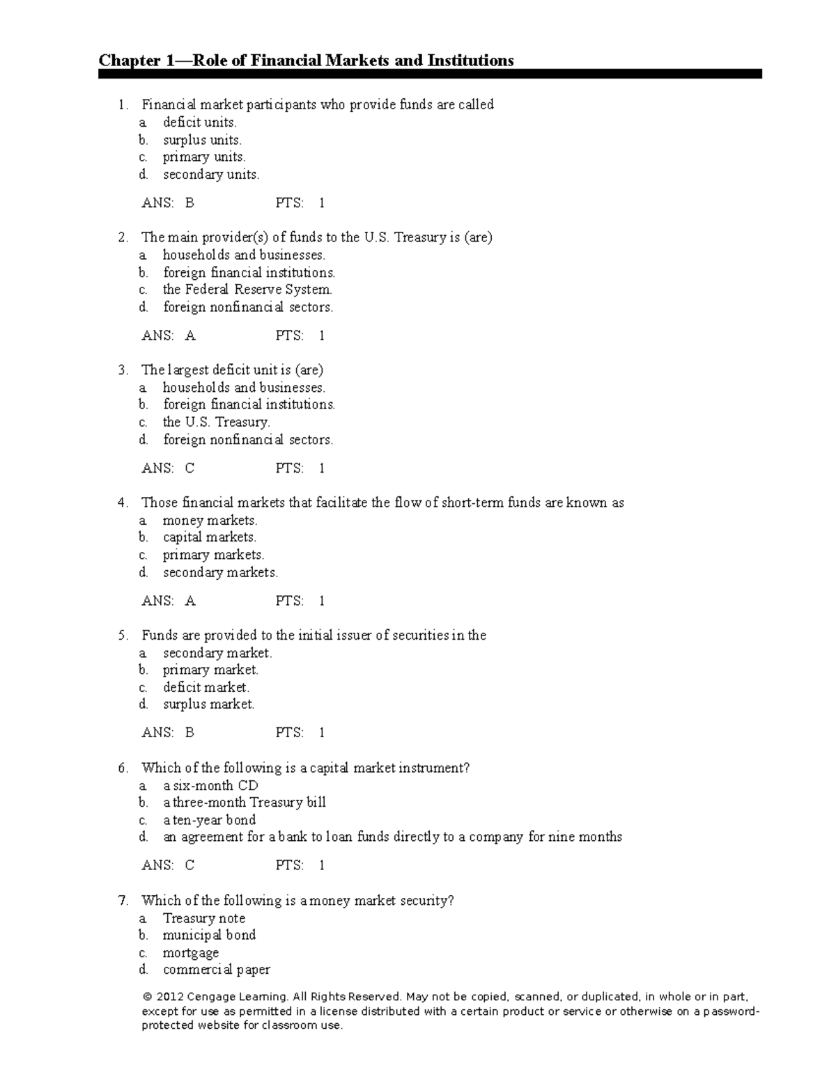 Ch14 Test Bank - The Role of Financial Markets & Institutions - Studocu