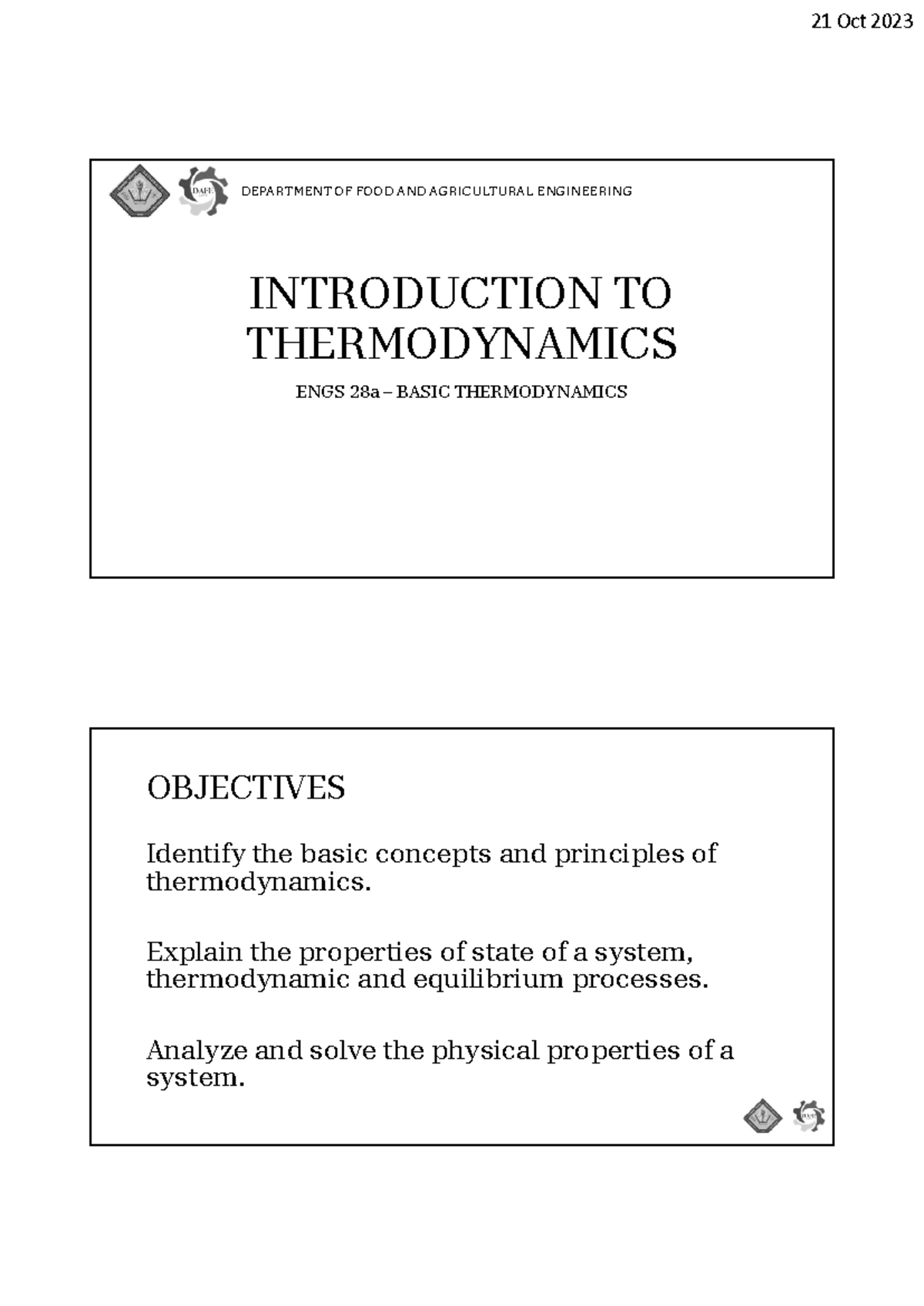 ENGS28a - Lecture 2: Introduction to Basic Thermodynamics Concepts - Studocu
