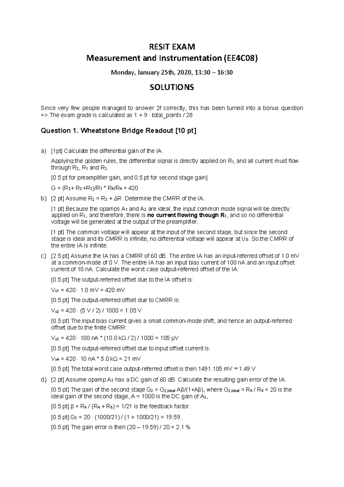 EE4C08 Resit Exam Solutions - Measurement & Instrumentation 2020-2021 - Studeersnel