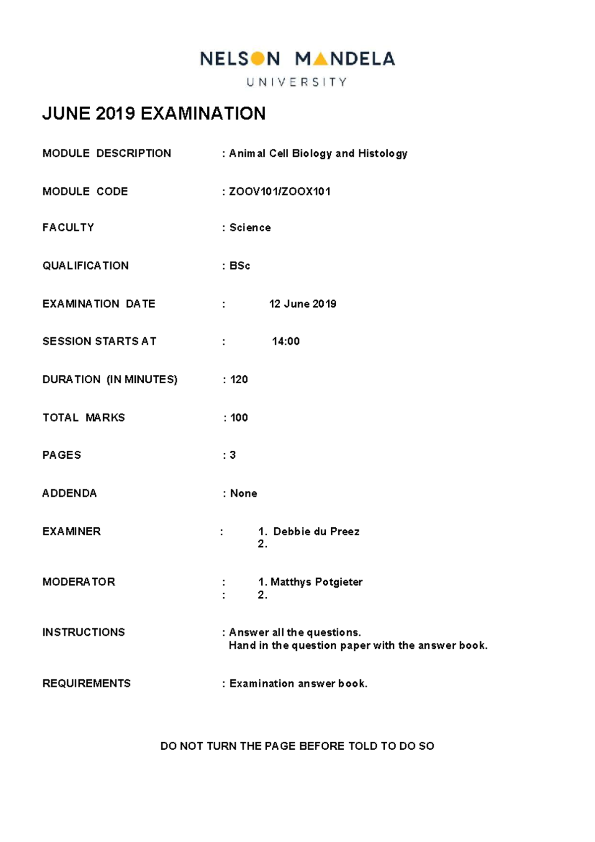 June 2019 Exam: ZOOV101/ZOOX101 - Animal Cell Biology - Studocu