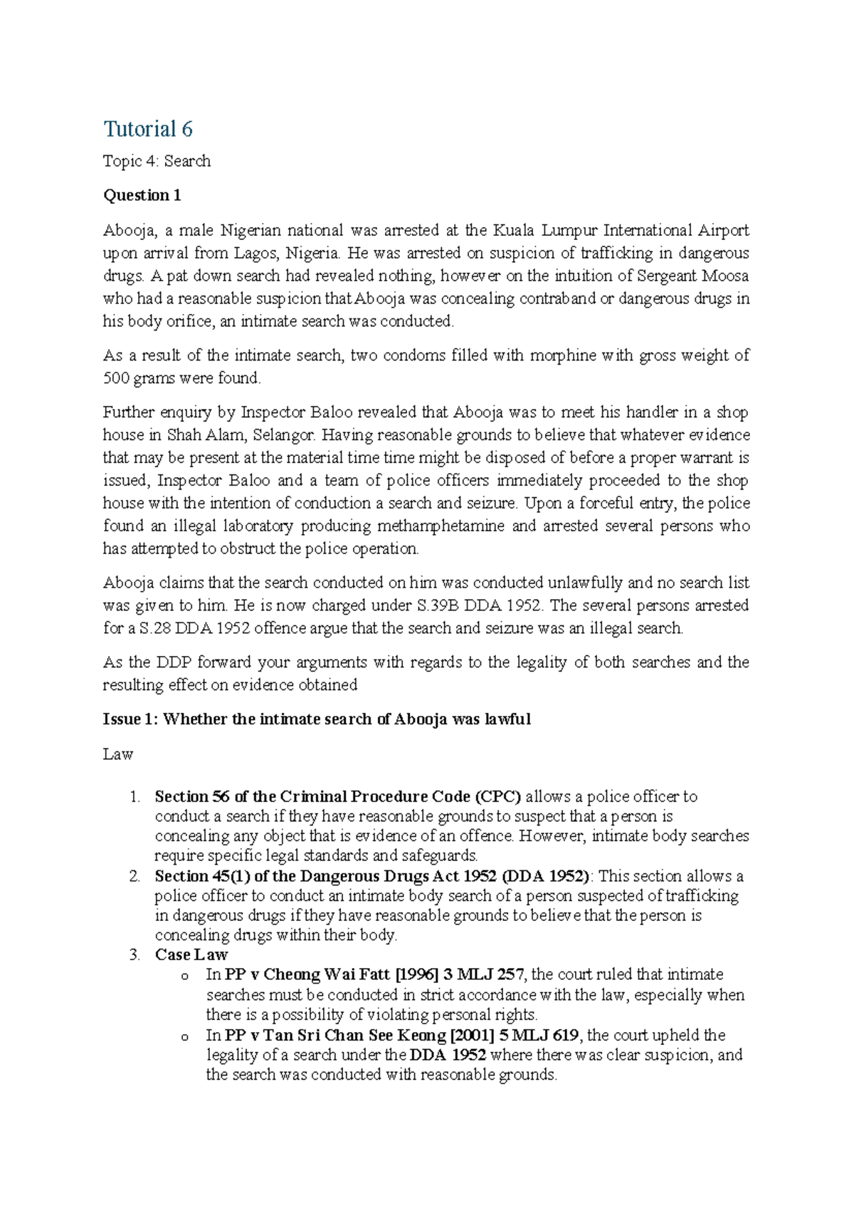 Tutorial 6 - criminal procedure i - Tutorial 6 Topic 4: Search Question ...