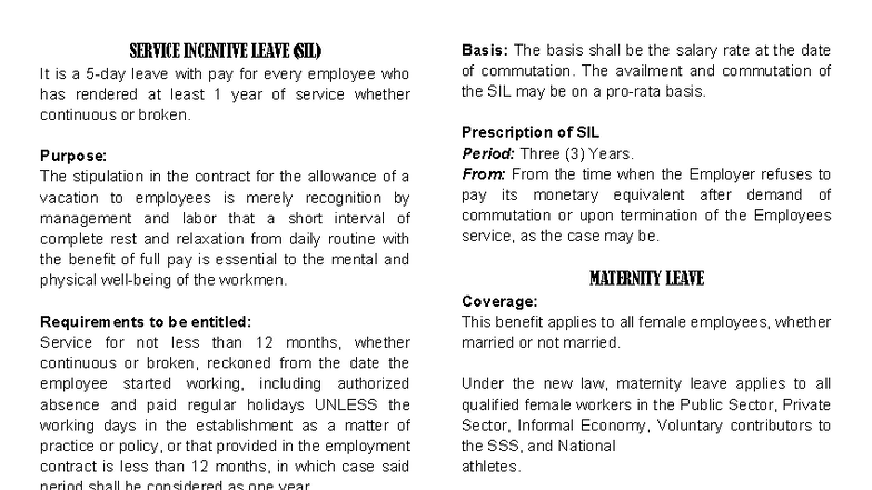 RFBT4 Finals - Service Incentive Leave & Maternity Leave Overview - Studocu