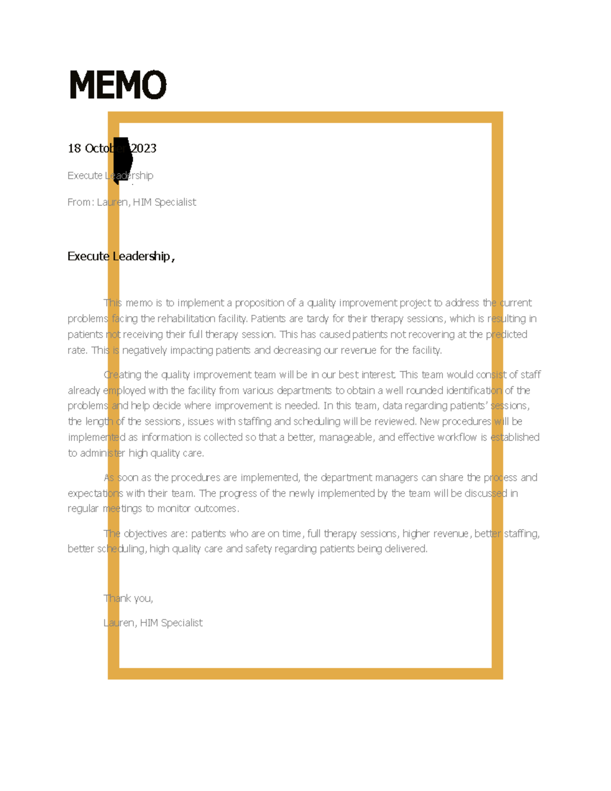 C815 - Memo on Quality Improvement for HIM & Compliance Initiatives ...