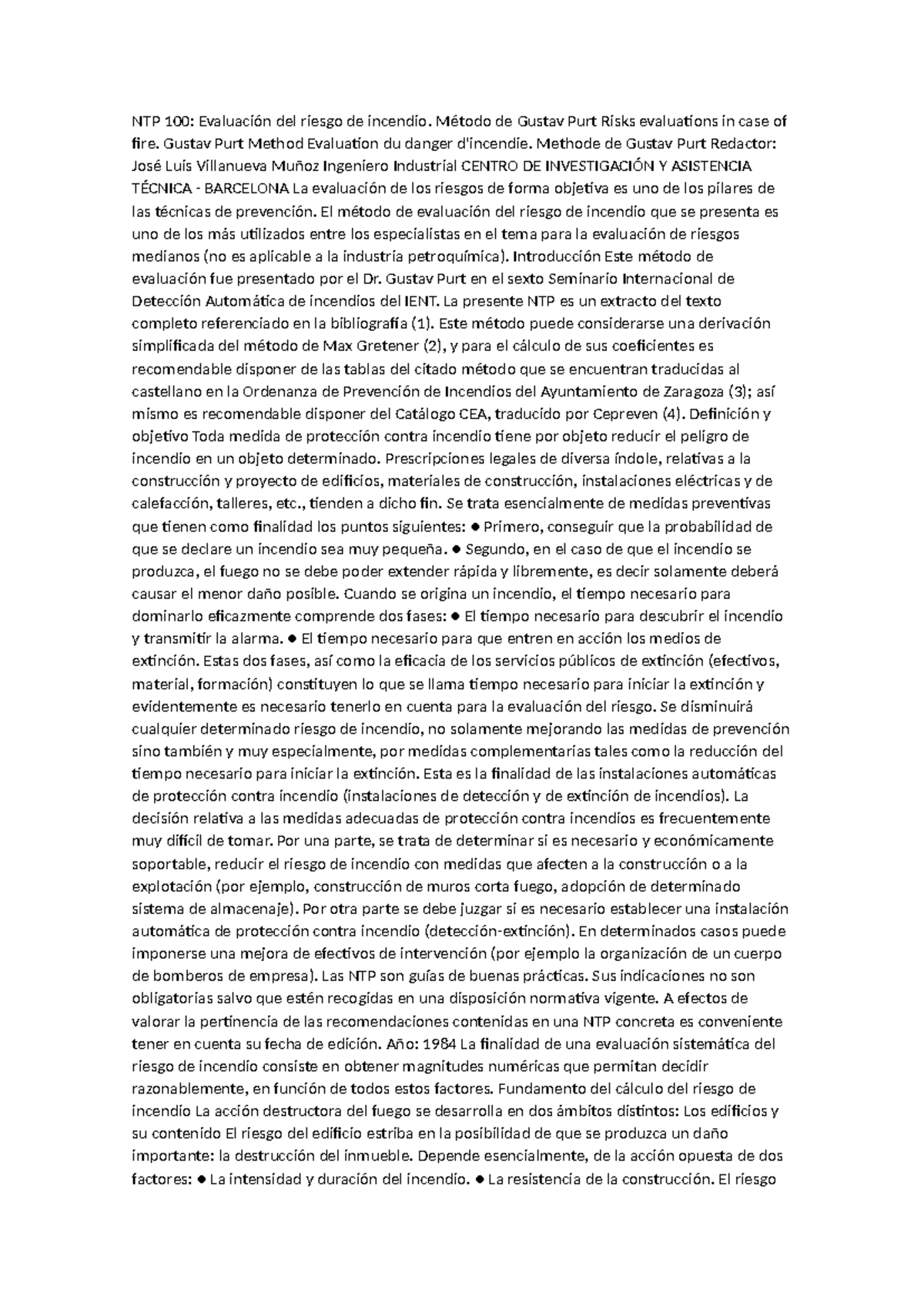 NTP 100: Método de Gustav Purt para Evaluación del Riesgo de Incendio ...