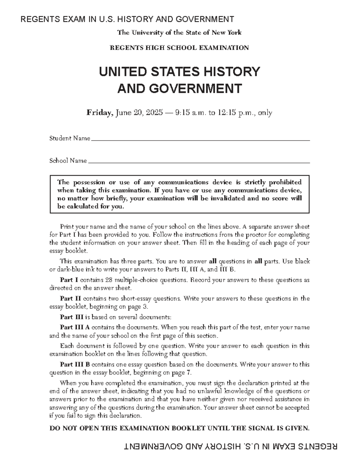 REGENTS EXAM IN U.S. HISTORY AND GOVERNMENT - JUNE 2025 - Studocu