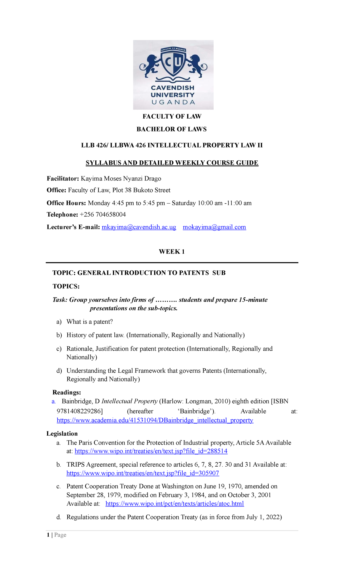 Final Course Guide LLB 426: Intellectual Property Law II - Studocu