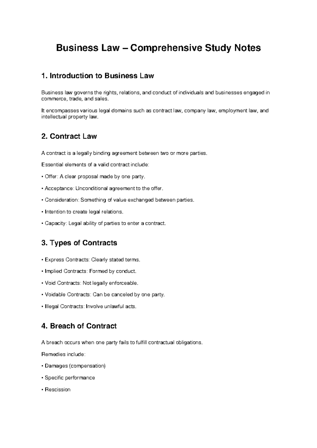 Business Law Comprehensive Study Notes: Key Concepts & Cases - Studocu