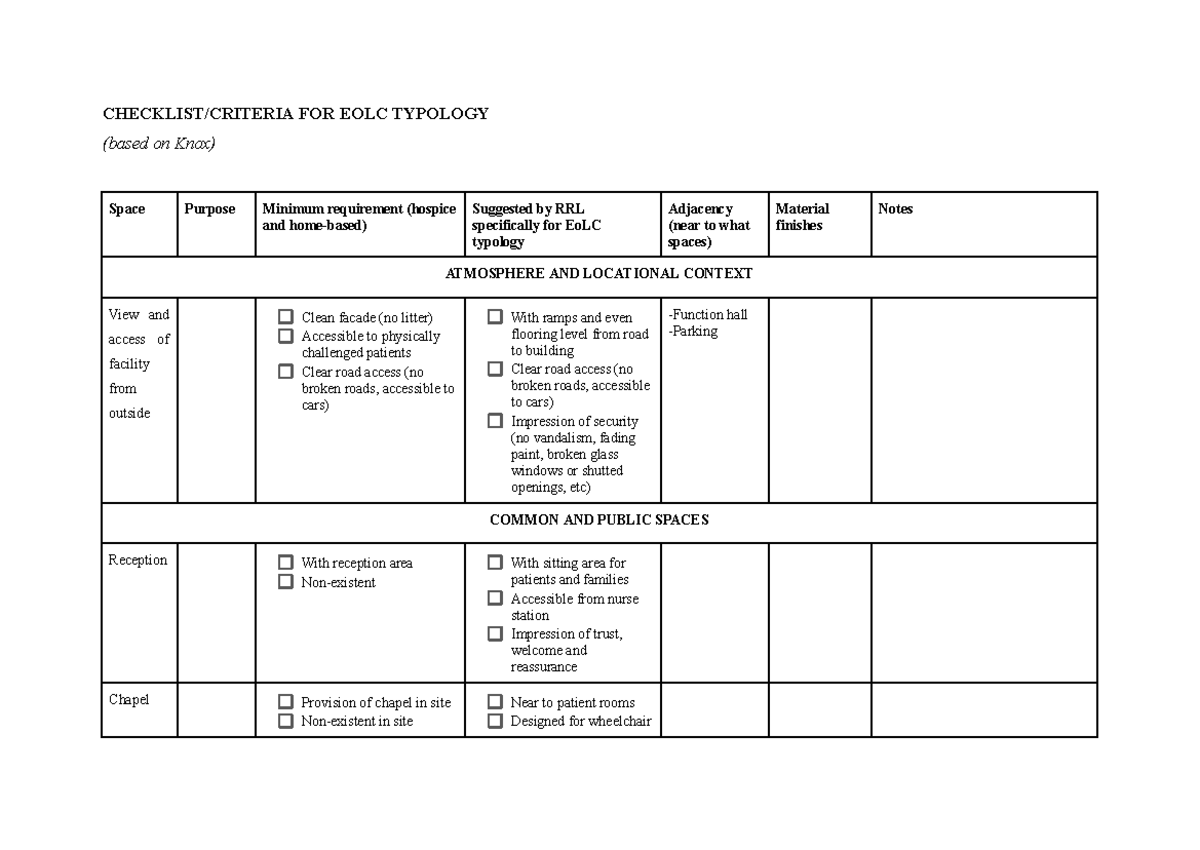 EOLC Typology Checklist: Minimum Requirements & Design Considerations ...
