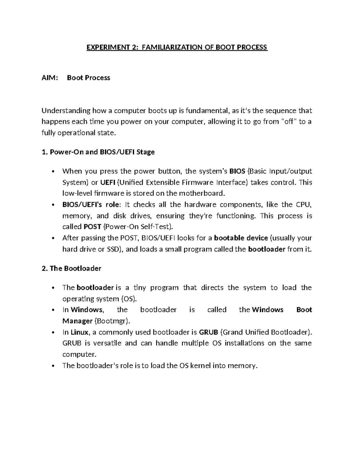 Experiment 2: Understanding the Boot Process in Computer Systems - Studocu