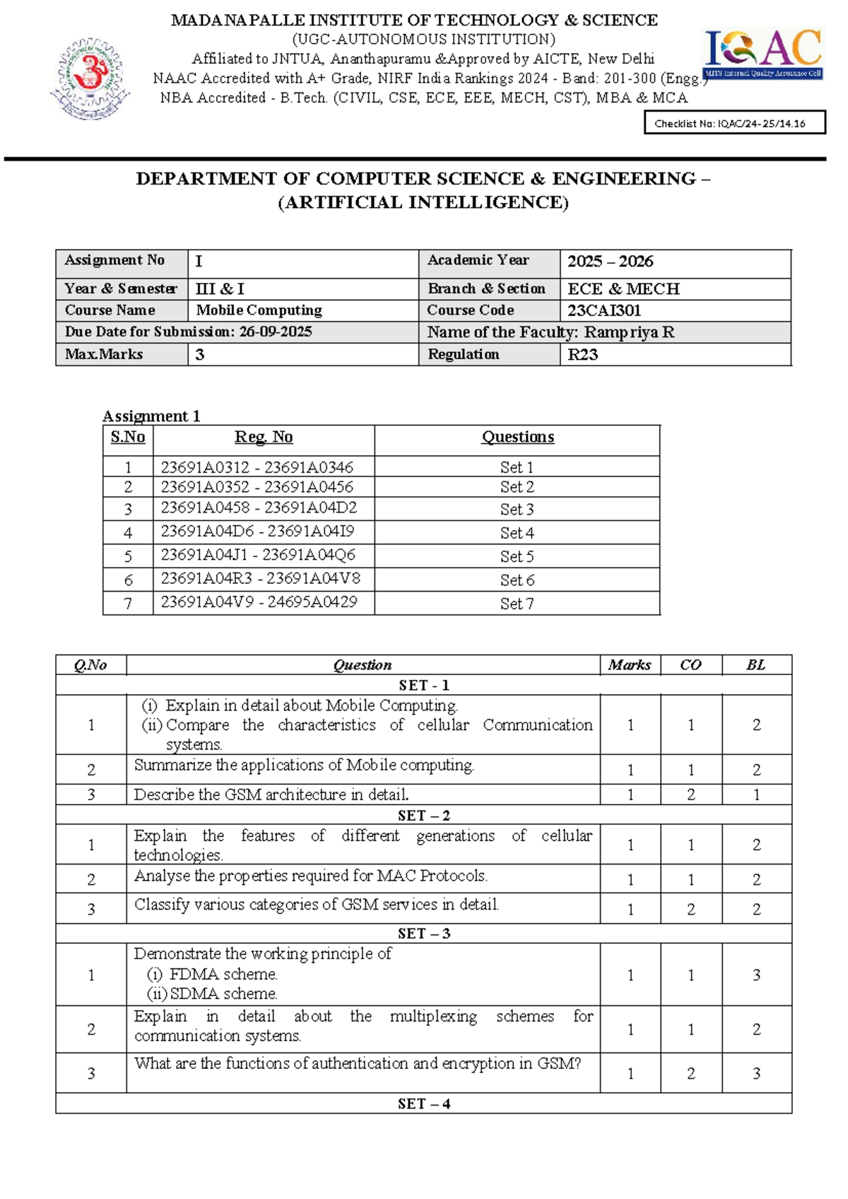 MC Assignment 1: Mobile Computing - 23CAI301 - Studocu