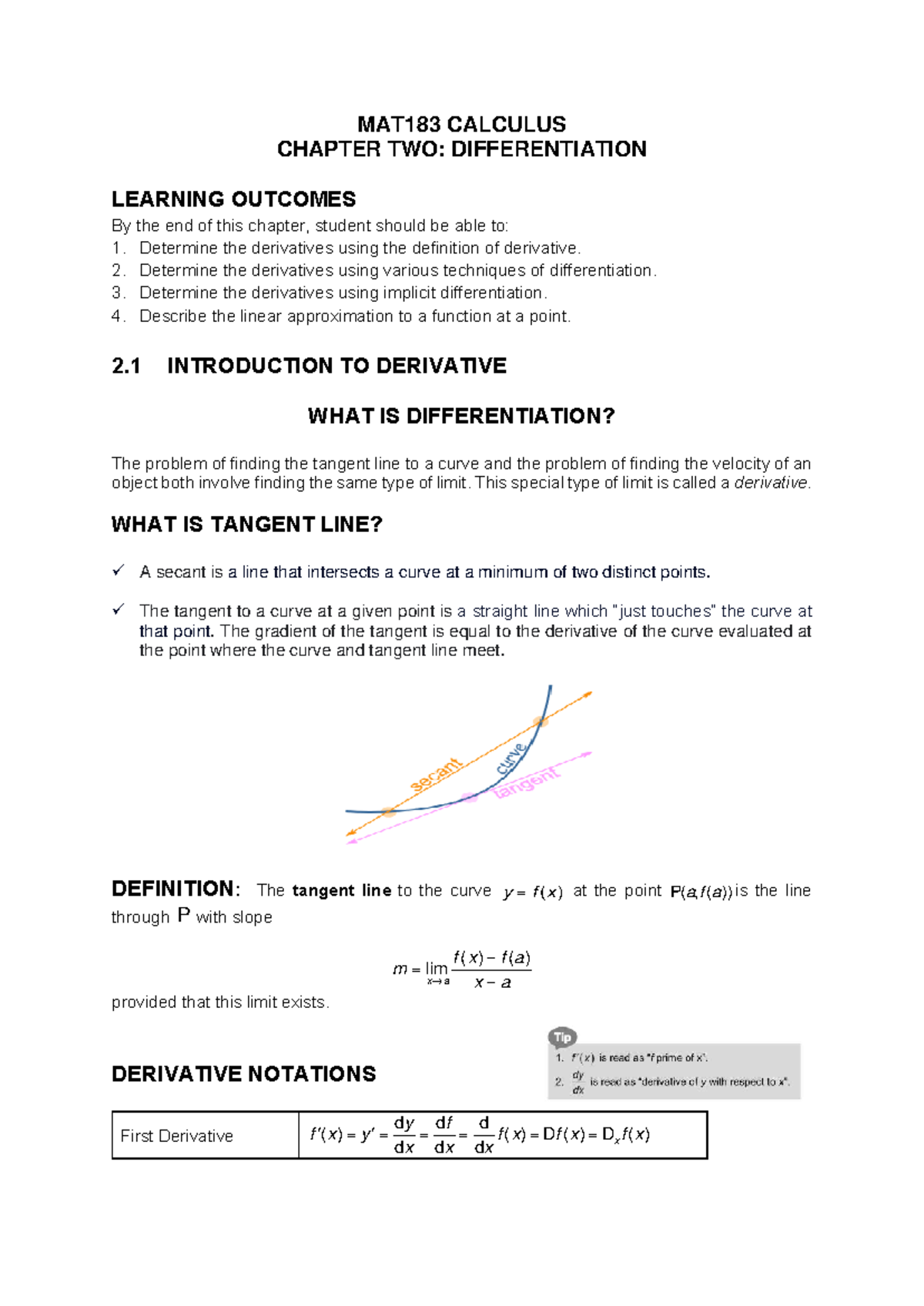 MAT183 Calculus Chapter 2: Differentiation Learning Outcomes - Studocu
