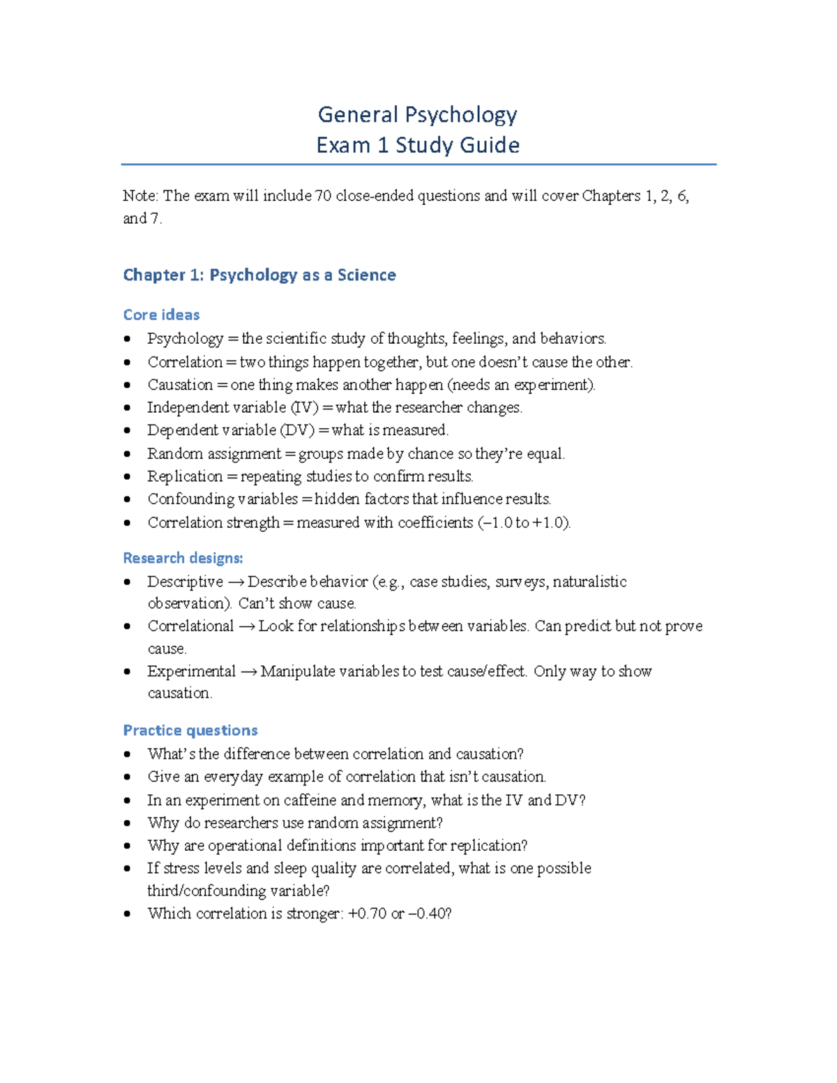 General Psychology PSY101 Exam 1 Study Guide: Chapters 1-7 - Studocu