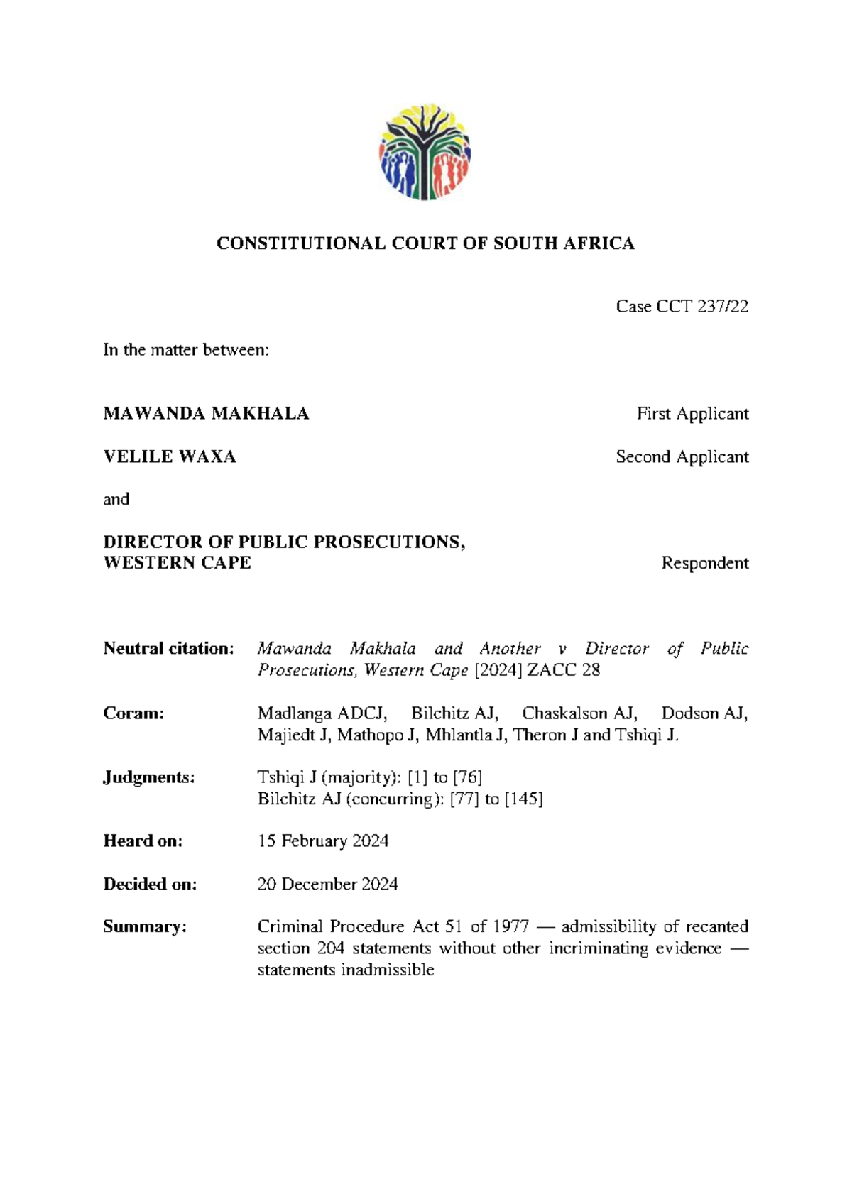 Judgment Summary: CCT 237-22 Makhala v DPP, Western Cape - Studocu