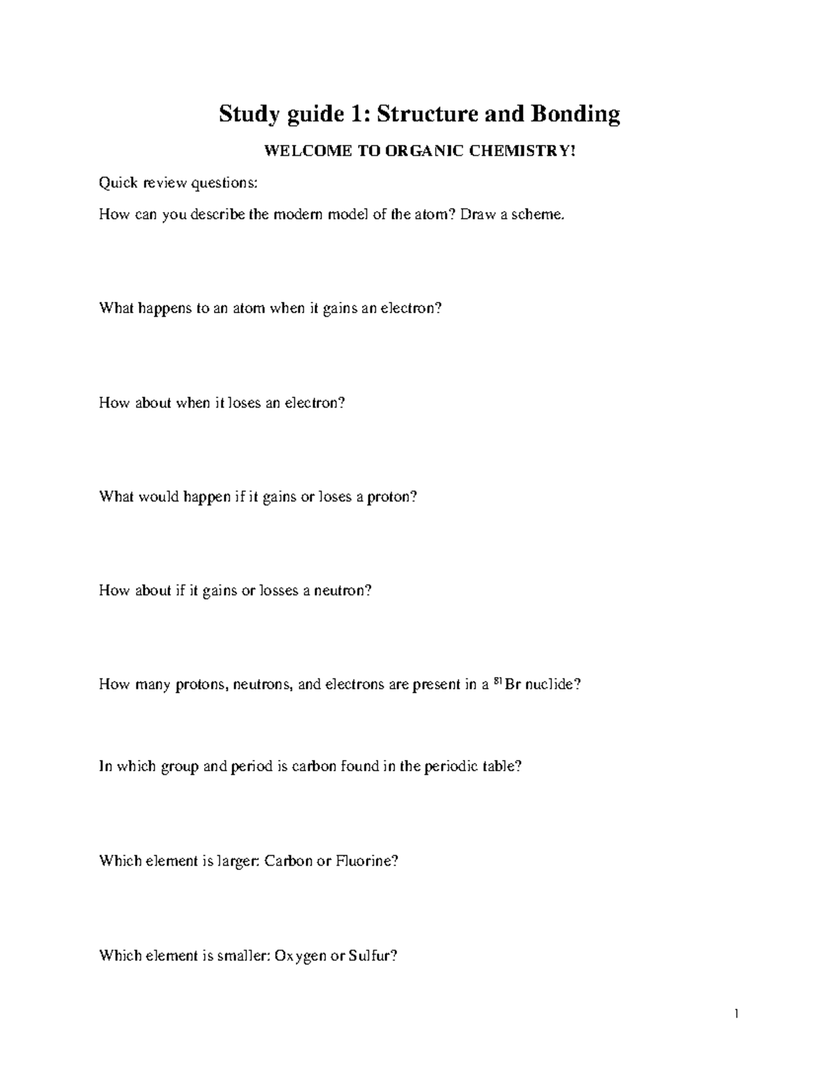 Chapter 1 Study Guide: Structure and Bonding in Organic Chemistry - Studocu