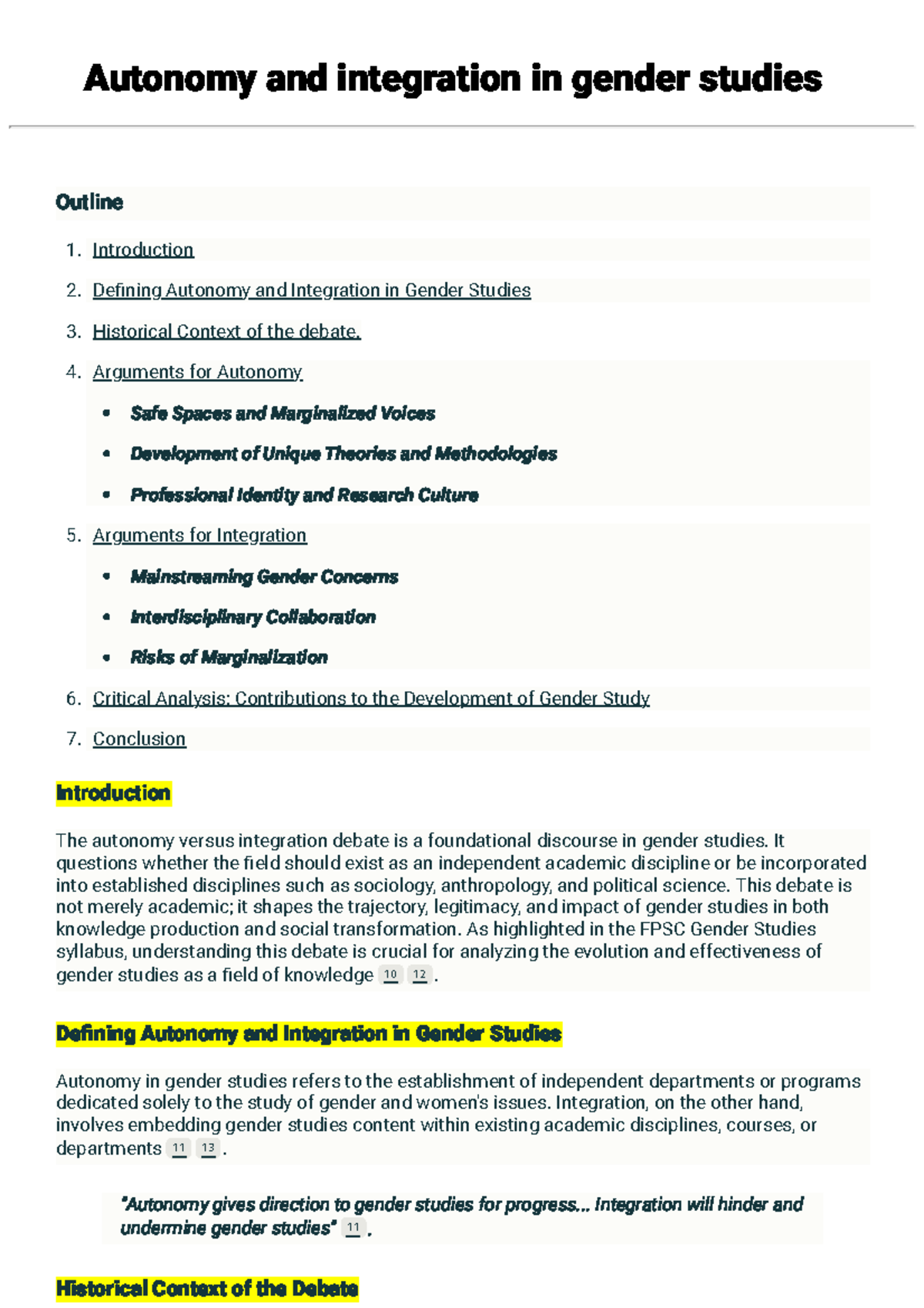Autonomy vs Integration in Gender Studies: A Critical Analysis - Studocu