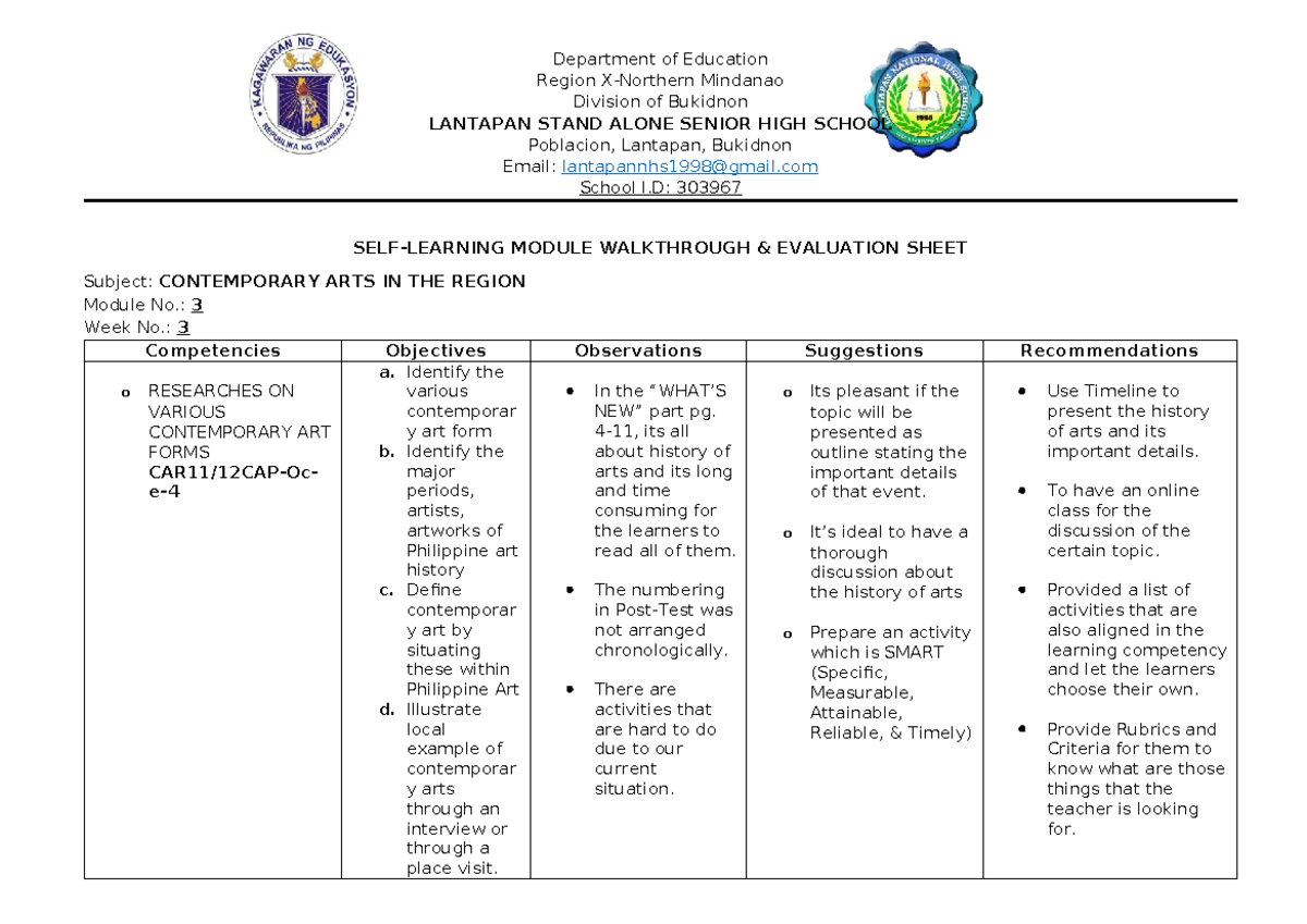 SLM- Walkthrough Evaluation Sheet for Contemporary Arts Module 3 - Studocu