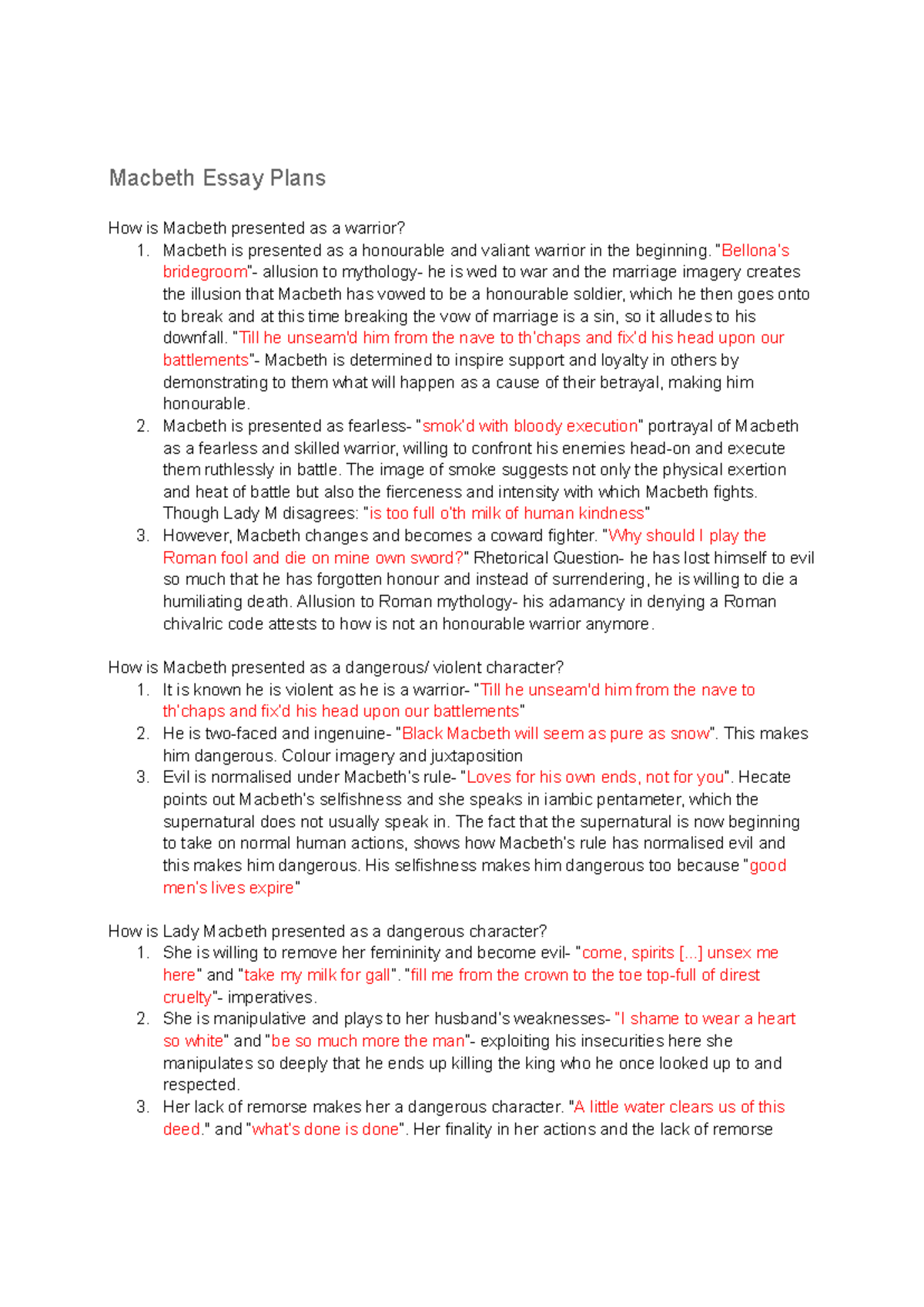 Macbeth Essay Plans (GCSE): Exploring Warrior, Violence, and Morality ...