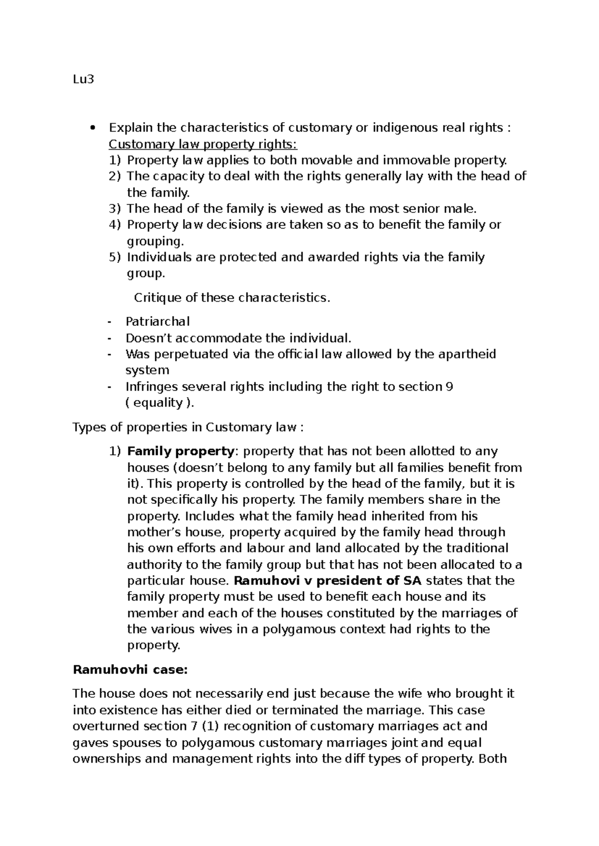 Lu3 - Summary of Indigenous Law on Customary Property Rights - Studocu