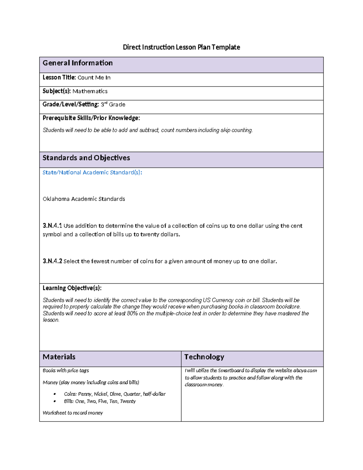 C109 Task 1 Ryan Miller - Task - Direct Instruction Lesson Plan Template General Information ...