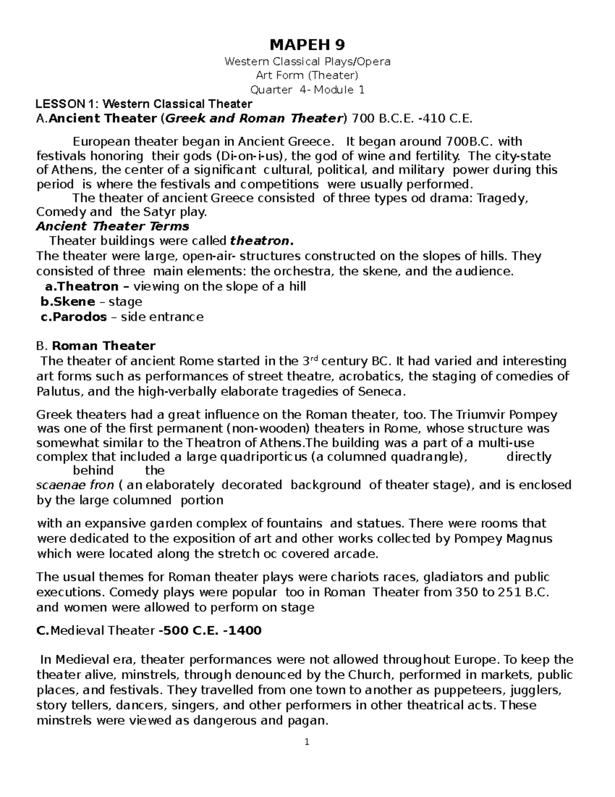 MAPEH 9 - Quarter 4: Western Classical Theater & Plays Module - Studocu