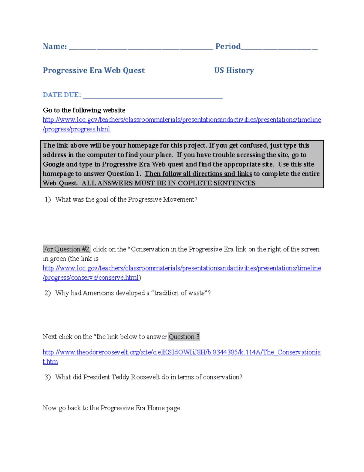 Progressive-Era Webquest I - US History Project Assignment - Studocu