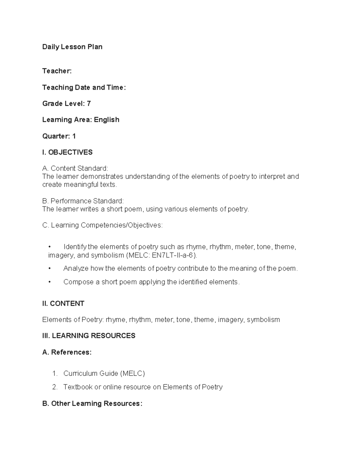 Grade 7 English Daily Lesson Plan: Elements of Poetry - Studocu