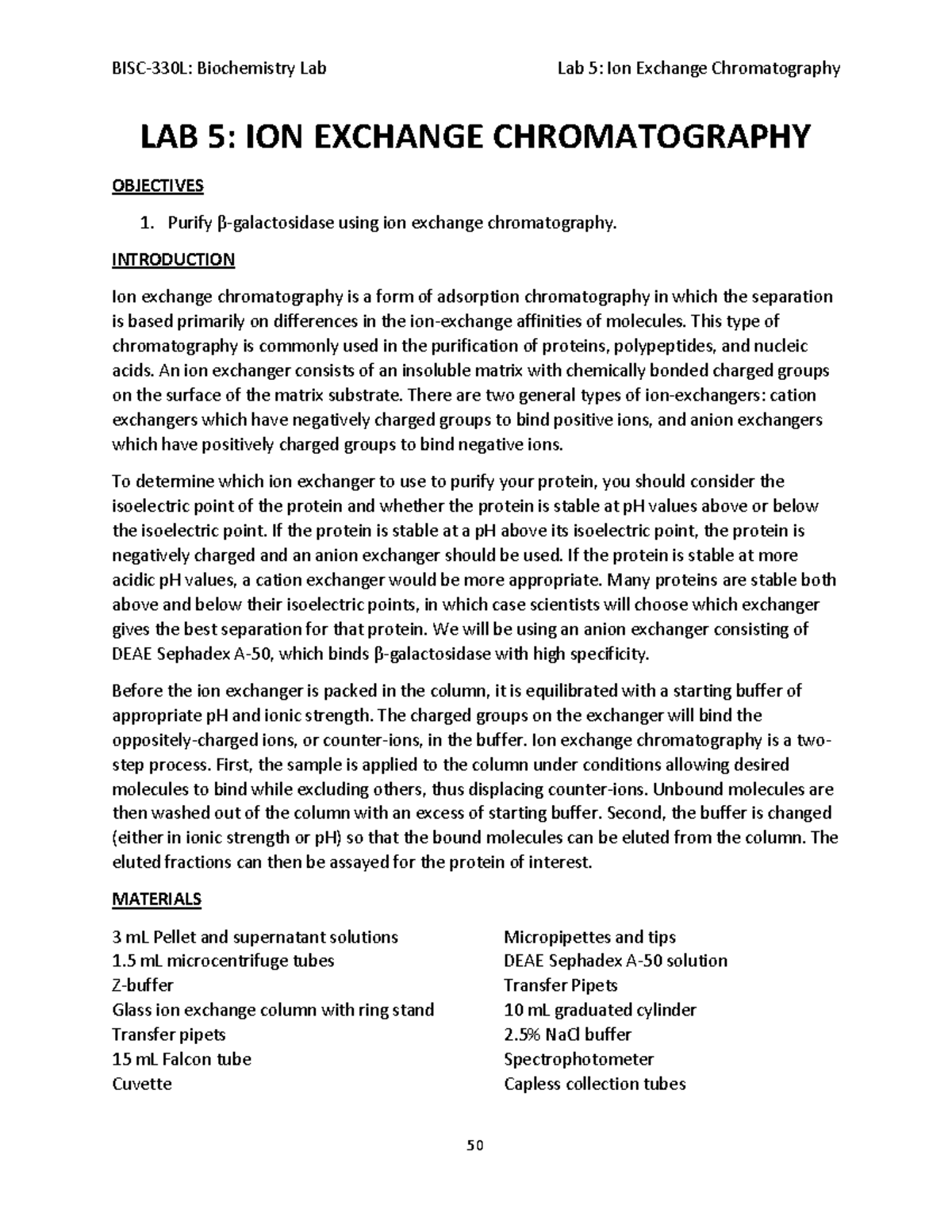 Biochemistry Lab (LAB 5): Ion Exchange Chromatography Guide - Studocu