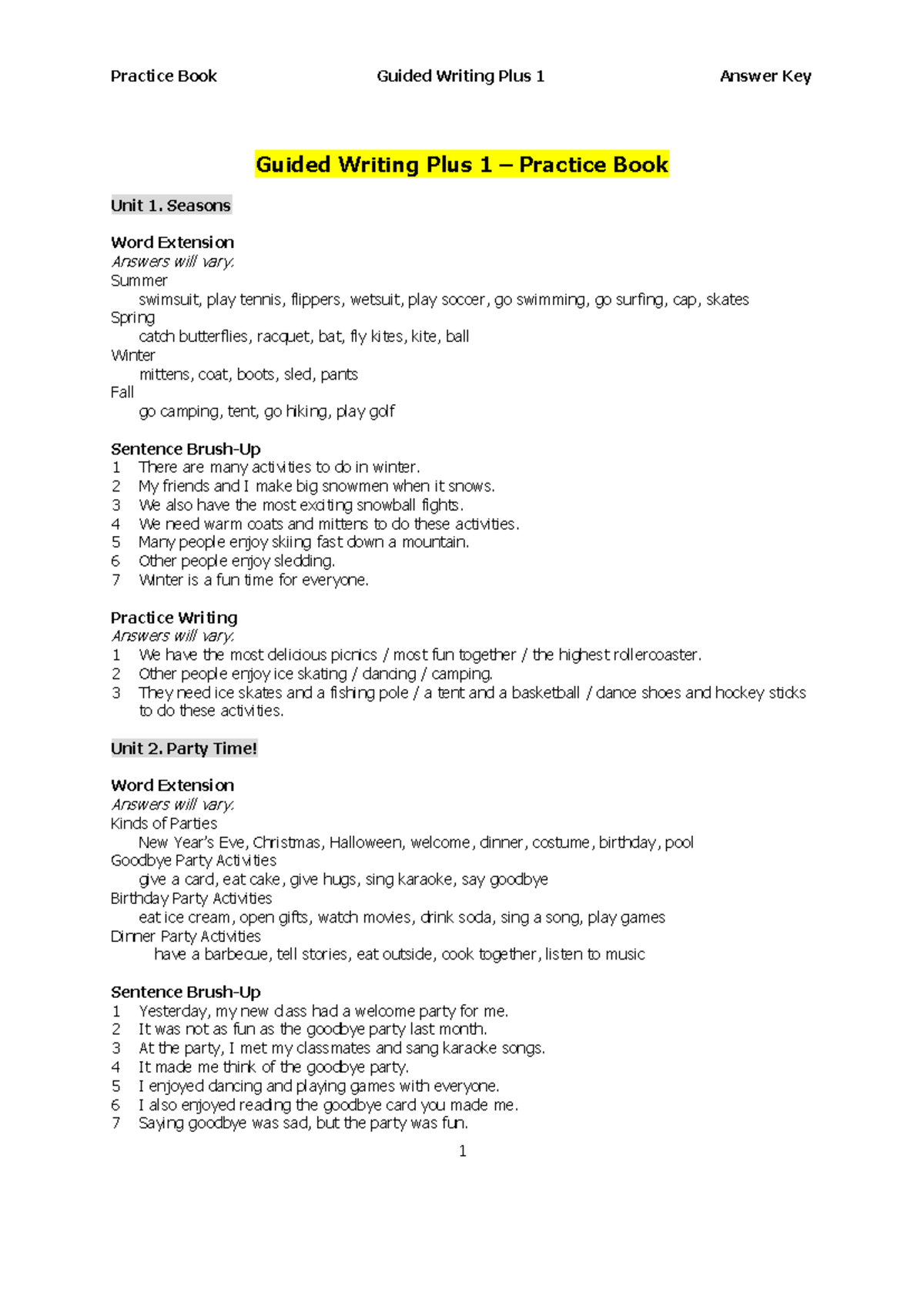 Guided Writing Plus 1 [Practice Book] – Unit Activities & Exercises ...