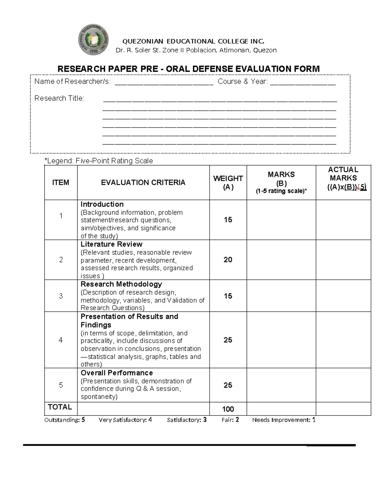 PRE ORAL DEFENSE EVALUATION FORM - RESEARCH PAPER - Studocu
