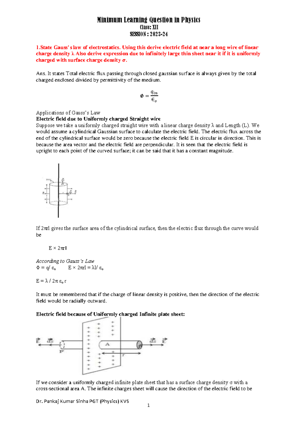 Minimum Learning Questions in Physics Class: XII - Session 1 - Studocu