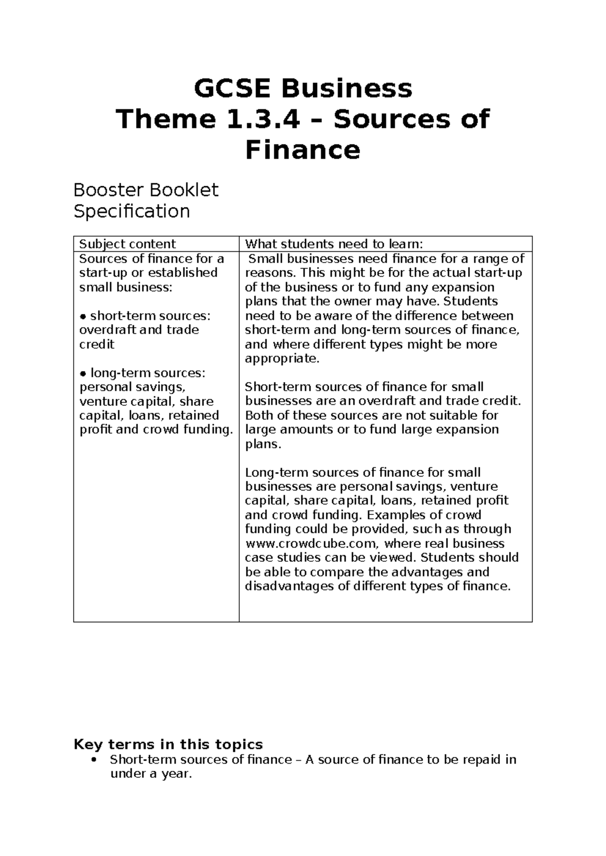GCSE Business Theme 1.3.4: Sources of Finance Study Guide - Studocu