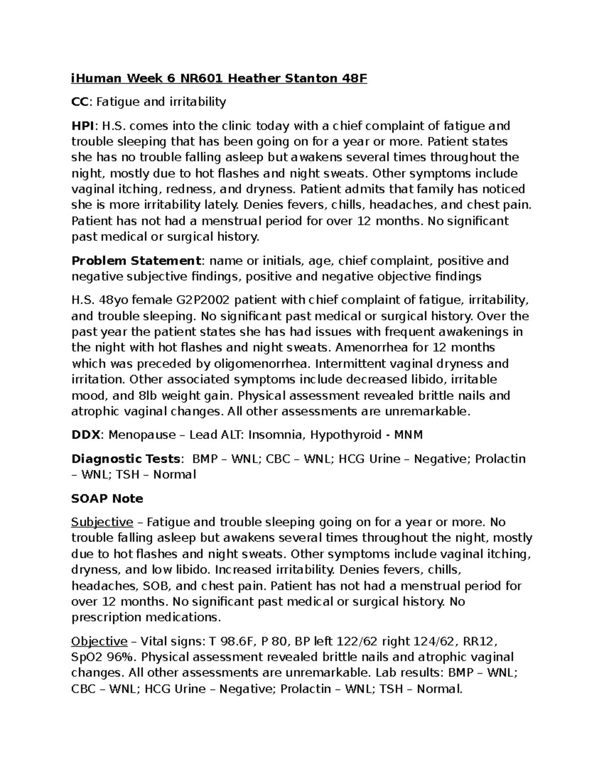 iHuman Week 6 NR601 SOAP Note on Menopause Symptoms for Patient 48F ...