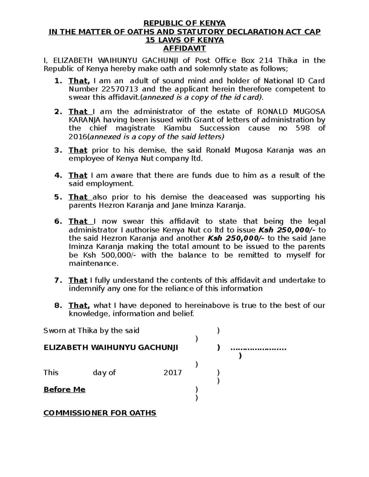 Affidavit for marriage - REPUBLIC OF KENYA IN THE MATTER OF OATHS AND ...