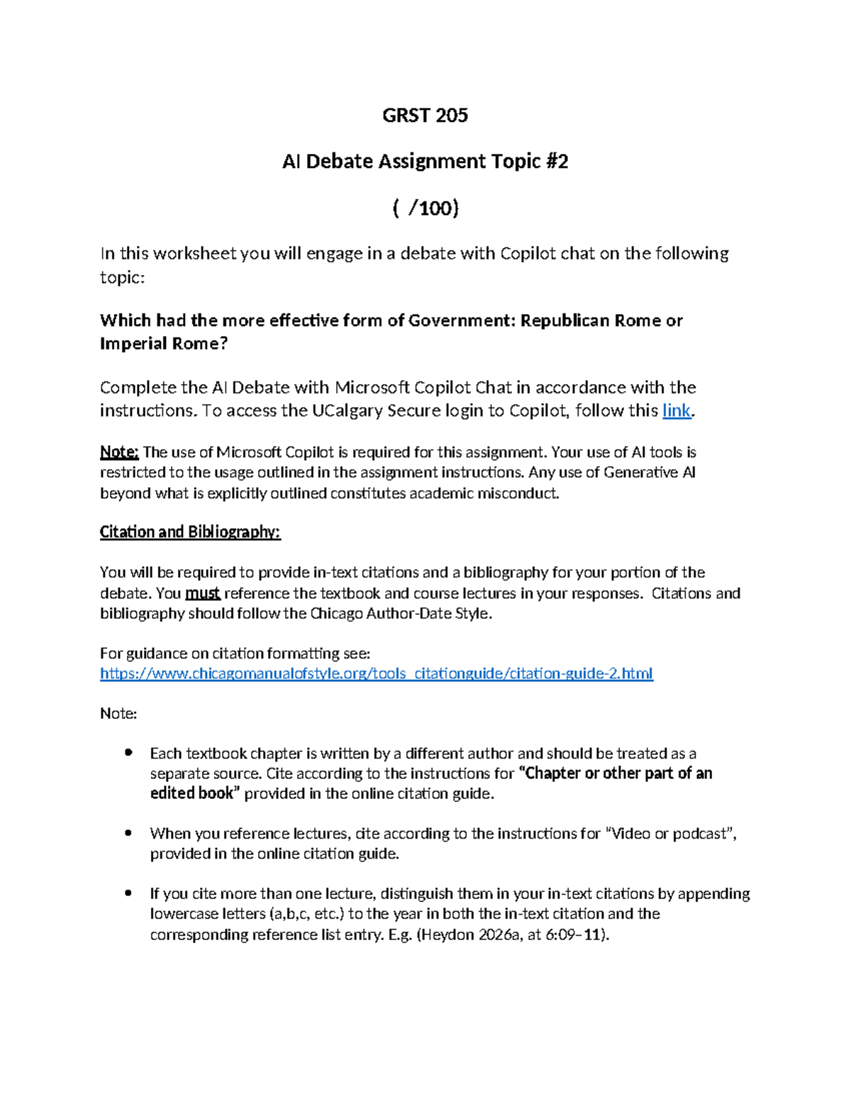 GRST 205 AI Debate Assignment: Republican vs. Imperial Rome - Studocu