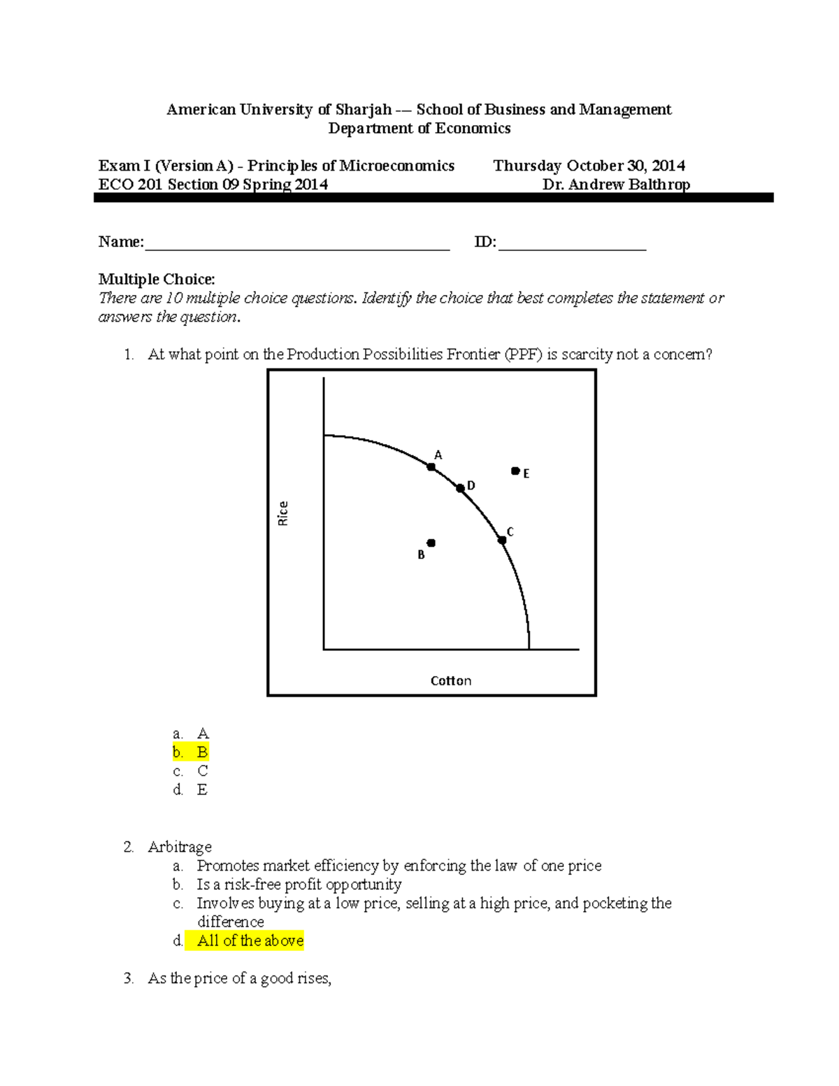 ECO 201 Principles of Microeconomics Sample Midterm Exam 1 - Studocu