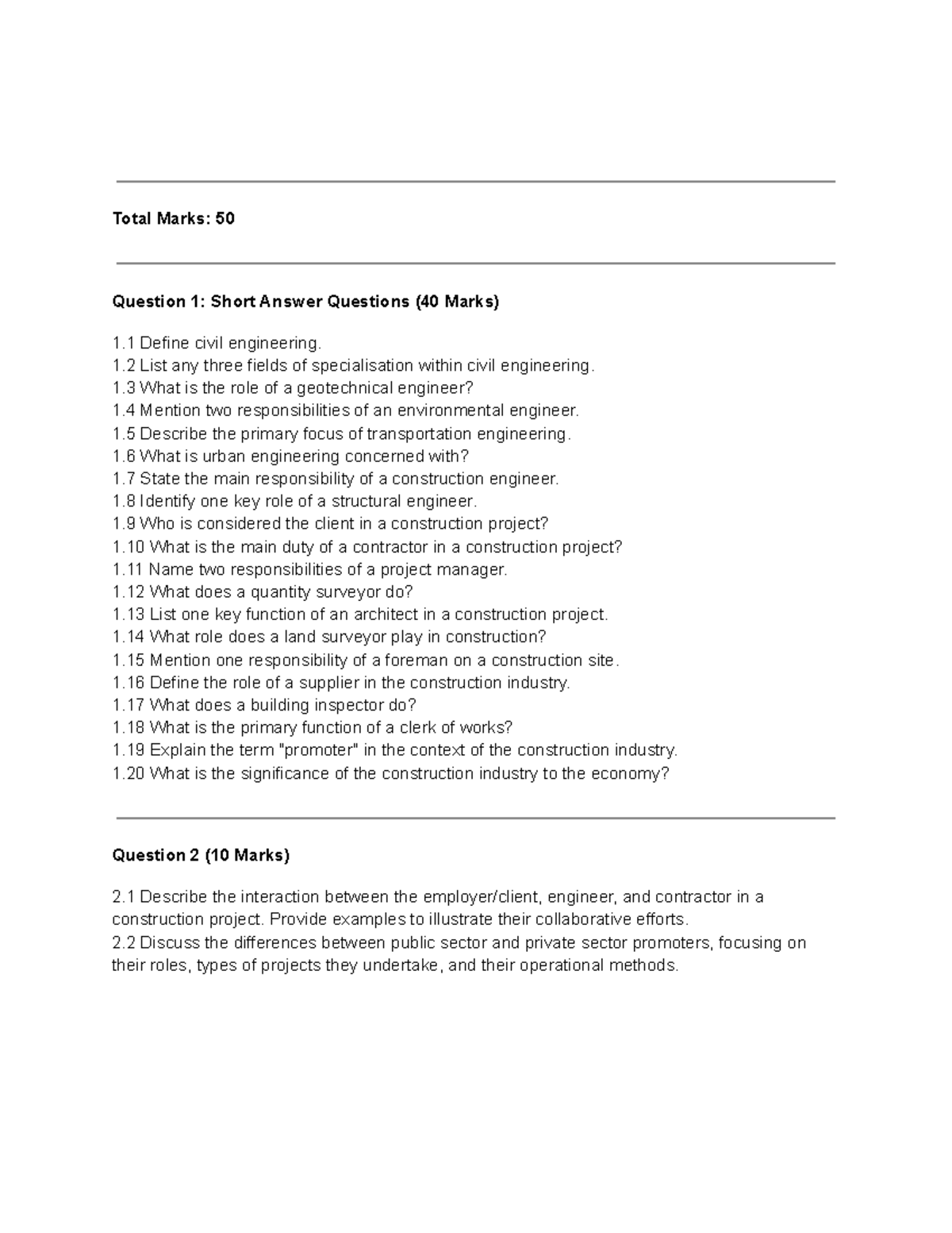 ENGM 101: Engineering Management Short Answer Questions (Total: 50 Marks) - Studocu